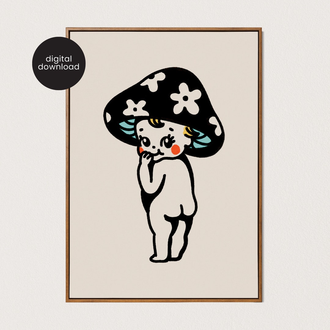 PRINTABLE Mushroom Kewpie Art Print Cute Kewpie Wall Art Tattoo Flash ...