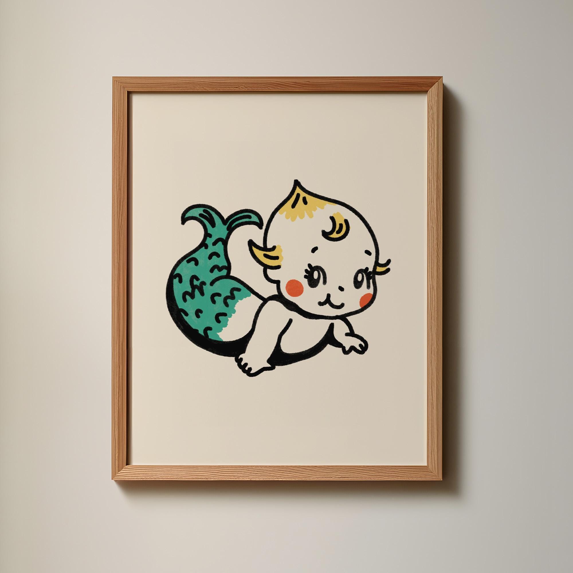 Kewpie Mermaid Tattoo Art Print Cute Kewpie Wall Art Tattoo Flash Decor ...