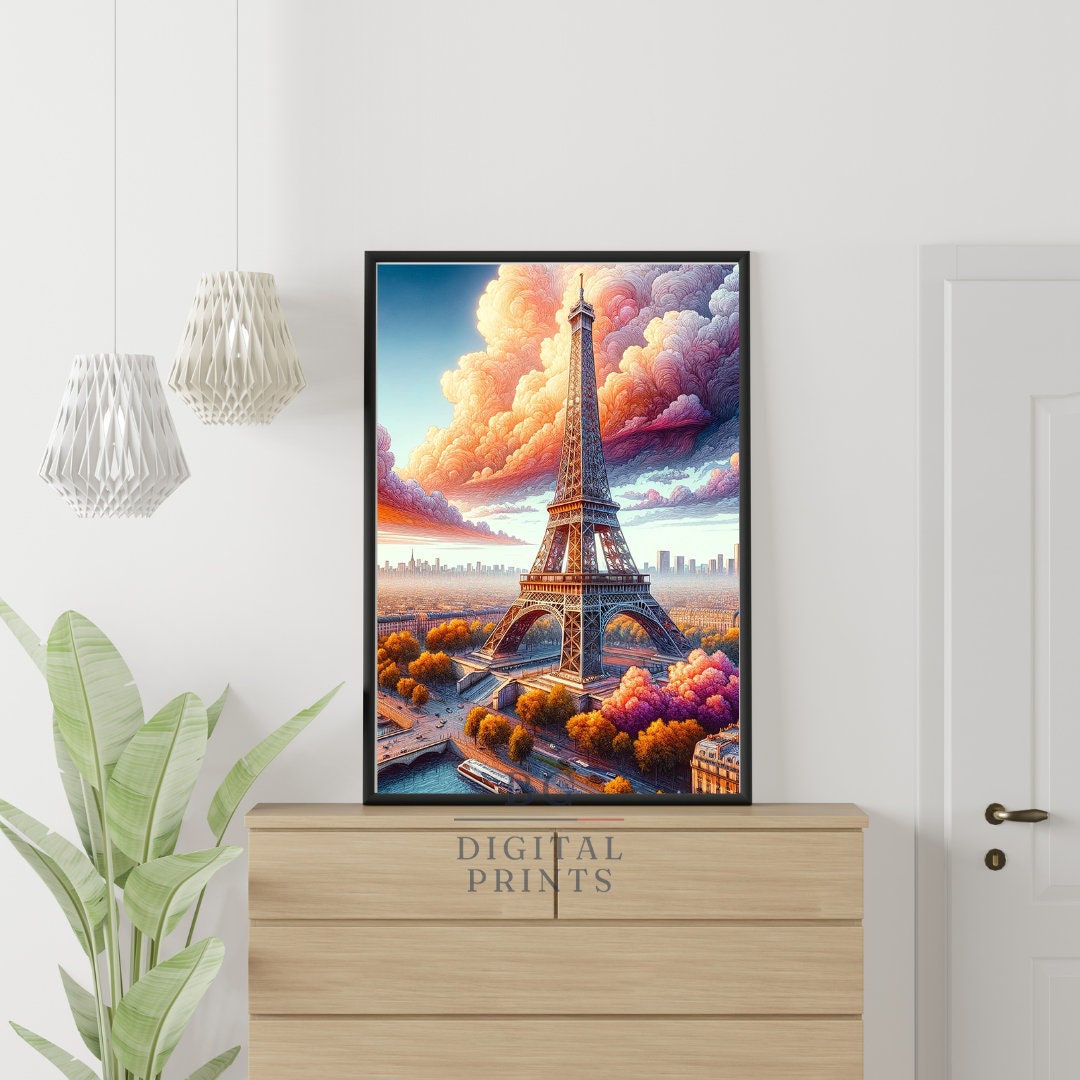 Mystic Eiffel Whimsical Clouds and Parisian Landmark, Wall Art, Digital ...