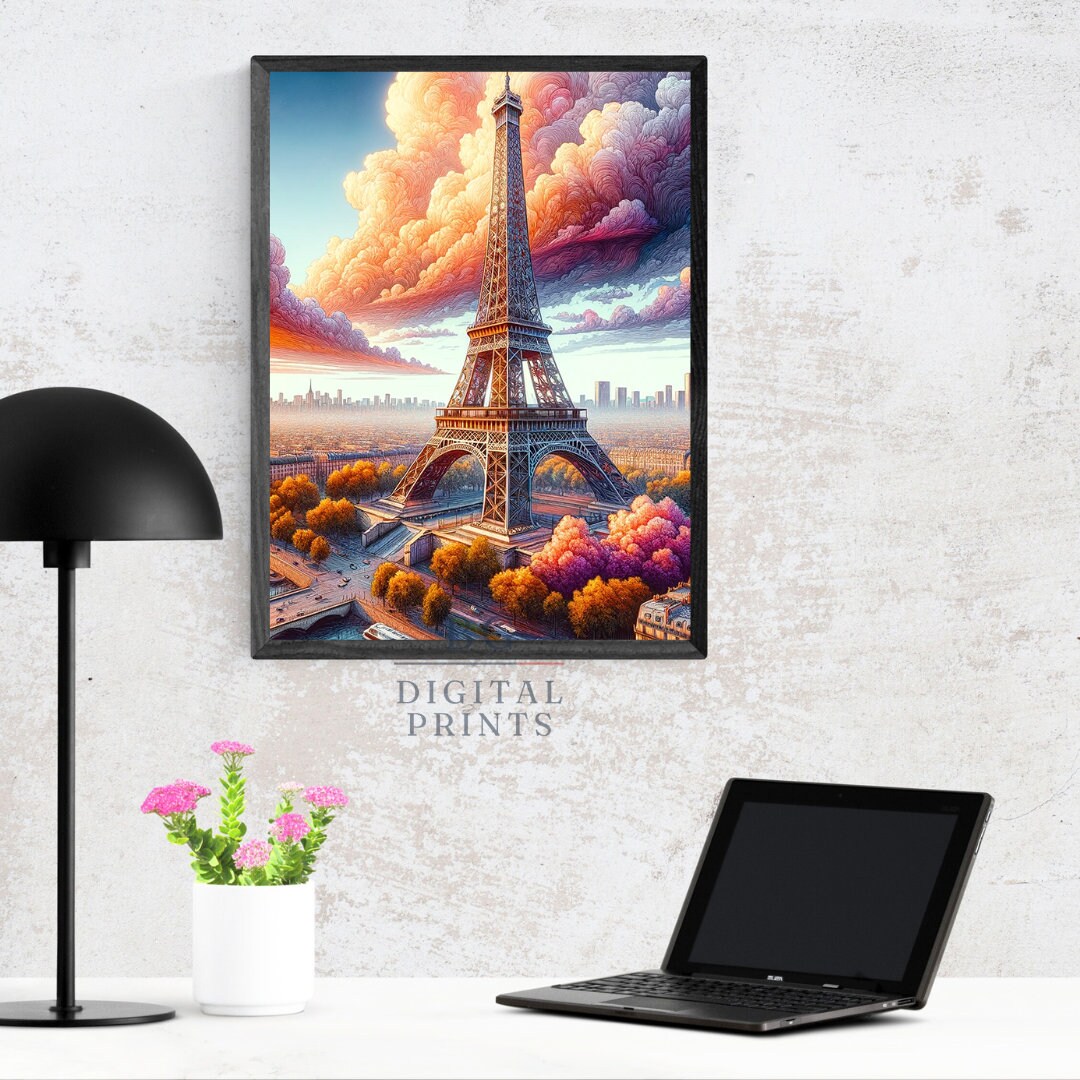Mystic Eiffel Whimsical Clouds and Parisian Landmark, Wall Art, Digital ...