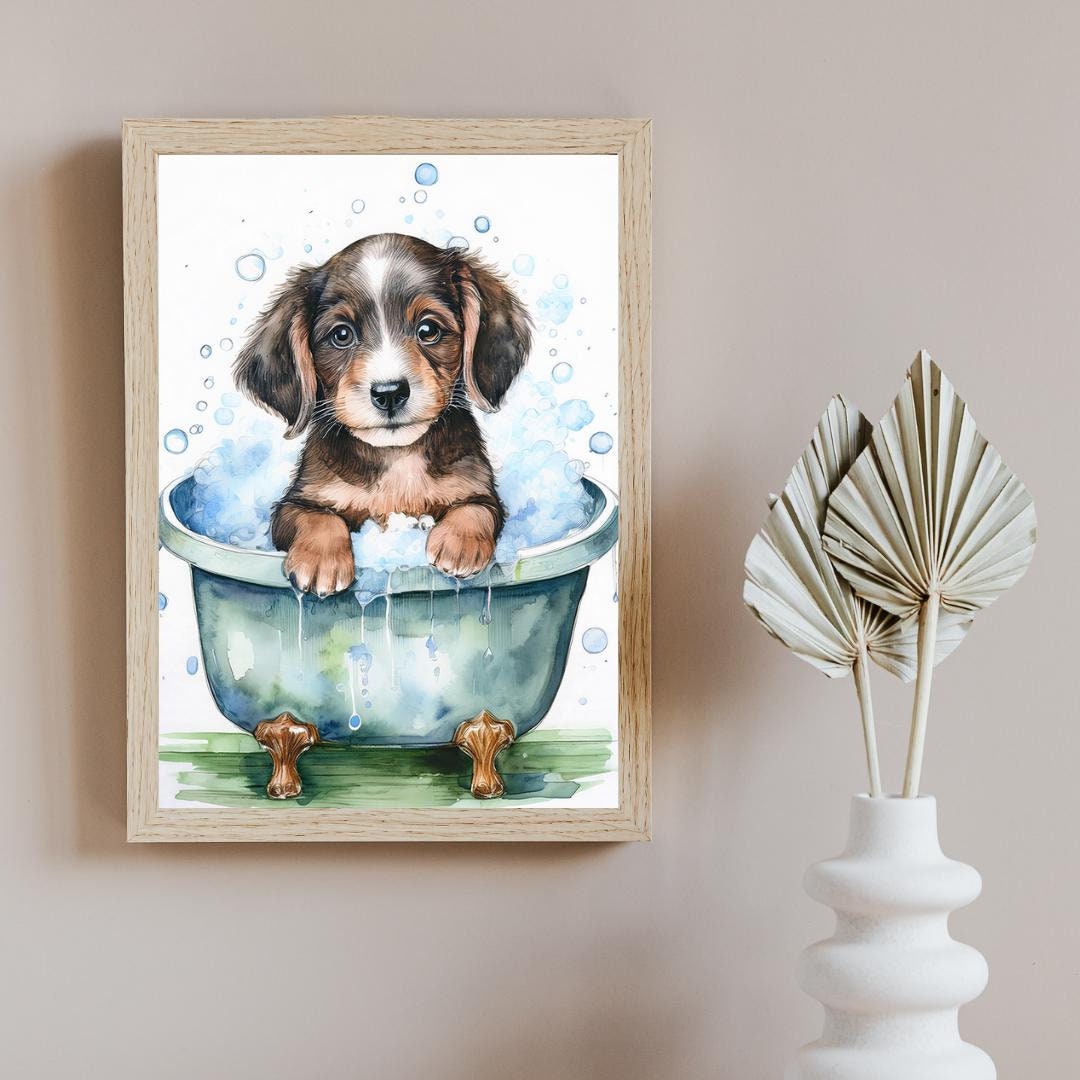 Bubble Bath Puppy Art – Cute Watercolor Dog Illustration - Wall Art ...