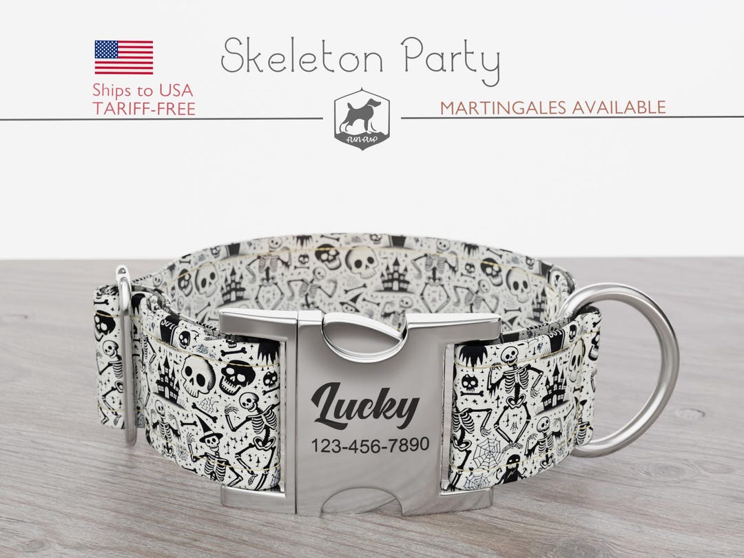 Halloween Dog Collar, Skeleton Pattern, Handmade, Wide 1, 1.5, 2 Inch ...