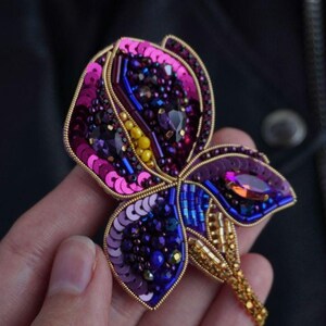 Lapel Pin Embroidery Brooch Iris Flower. Bead Custom Pin Personalized ...