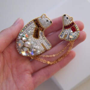 Double Beaded Bear Brooch With Chain, Embroidered Polar Bear Collar Pin ...