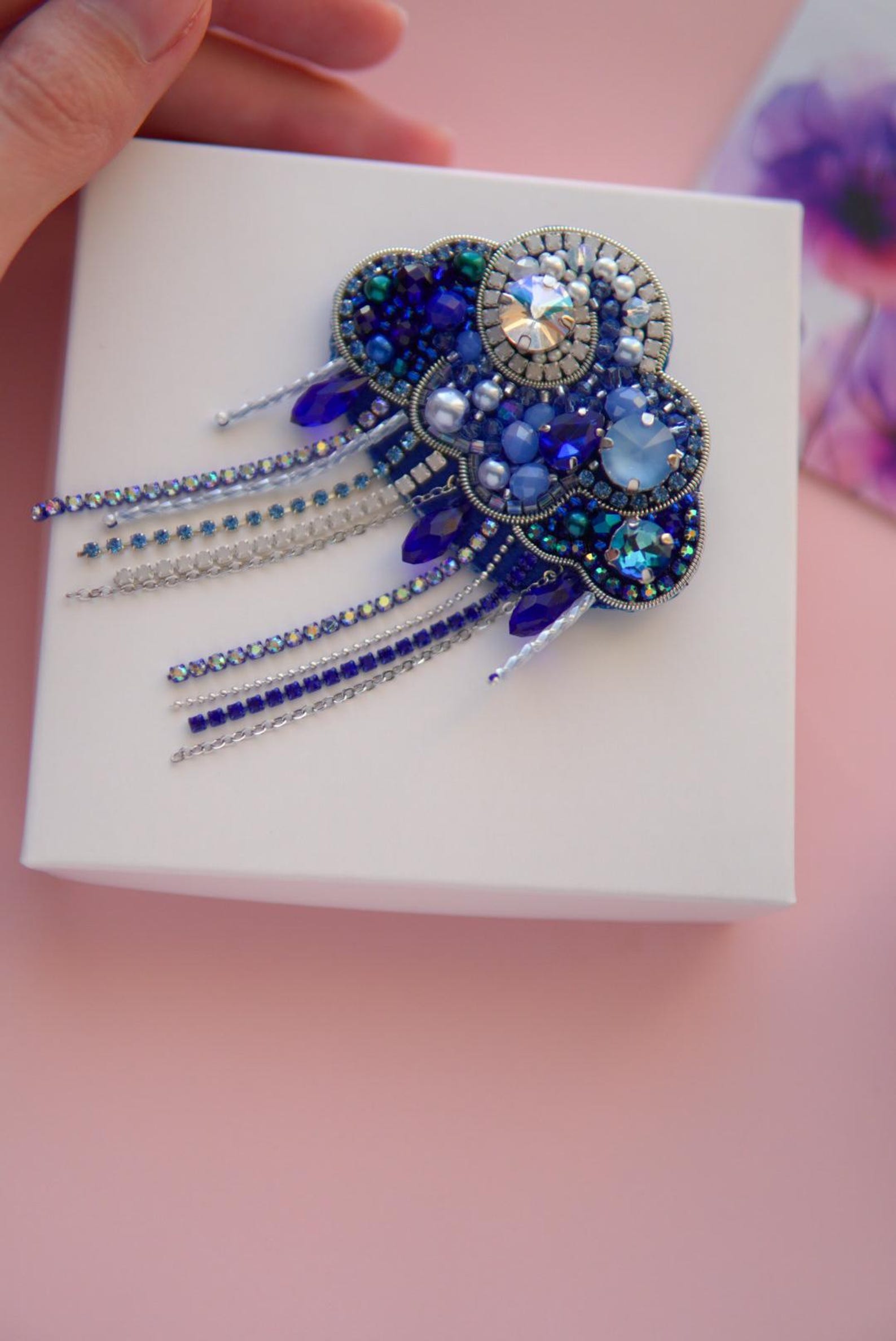 Beaded Cloud Brooch With Crystal Raindrops, Blue Embroidered Statement ...