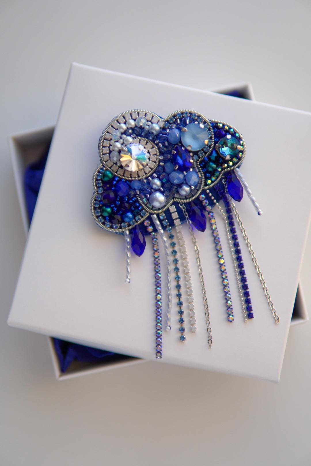 Beaded Cloud Brooch With Crystal Raindrops, Blue Embroidered Statement ...