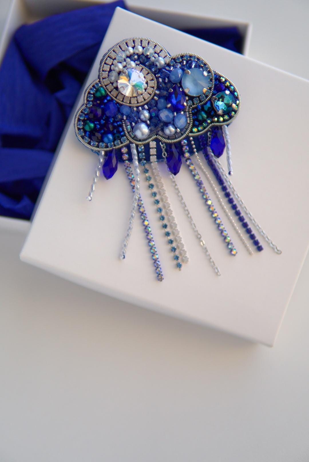 Beaded Cloud Brooch With Crystal Raindrops, Blue Embroidered Statement ...