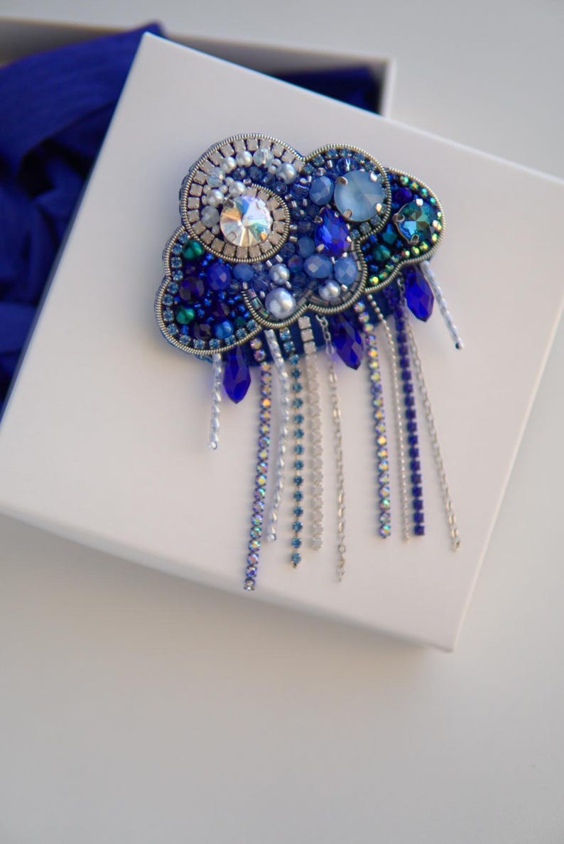 Beaded Cloud Brooch With Crystal Raindrops, Blue Embroidered Statement ...