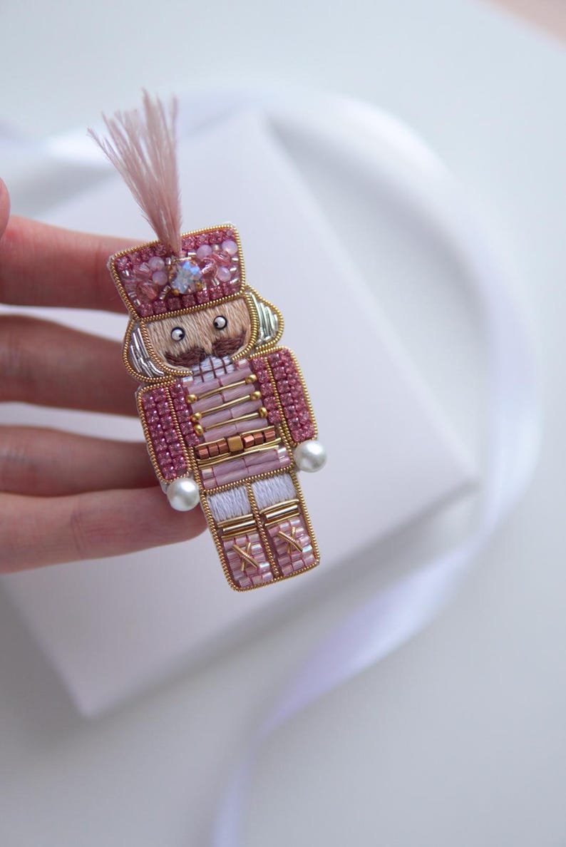 Nutcracker Beaded Brooch, Pink Soldier Lapel Pin, Handmade Christmas ...