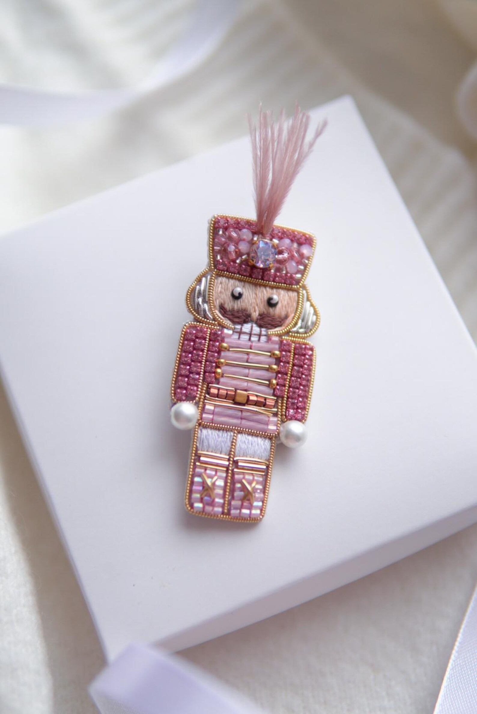 Nutcracker Beaded Brooch, Pink Soldier Lapel Pin, Handmade Christmas ...