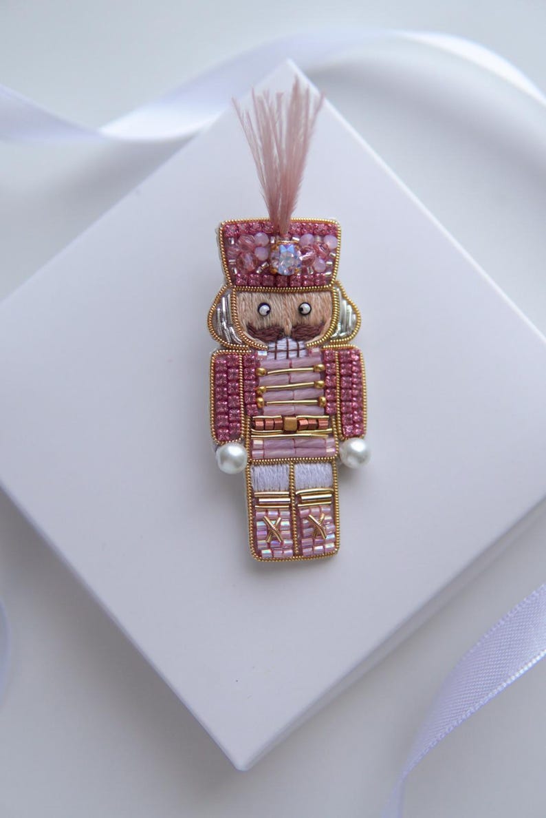 Nutcracker Beaded Brooch, Pink Soldier Lapel Pin, Handmade Christmas ...