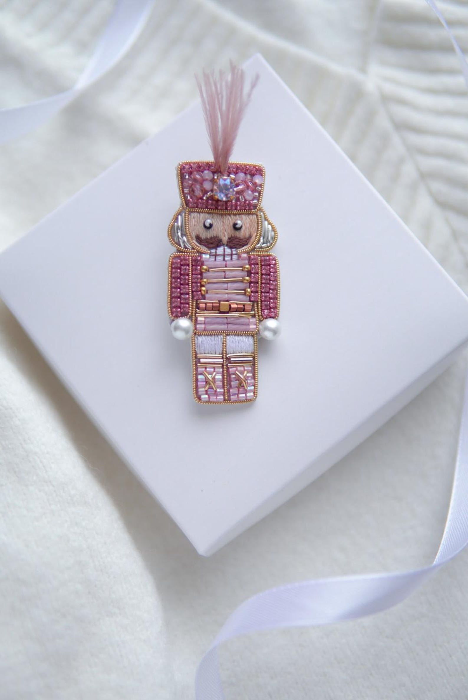 Nutcracker Beaded Brooch, Pink Soldier Lapel Pin, Handmade Christmas ...