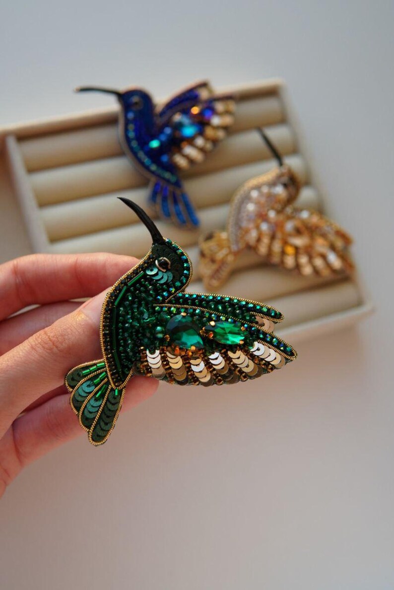 Beaded Hummingbird Brooch, Handmade Jewelry Pin, Crystal Embroidered ...