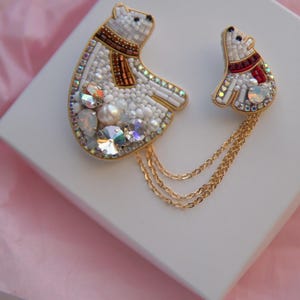 Double Beaded Bear Brooch With Chain, Embroidered Polar Bear Collar Pin ...