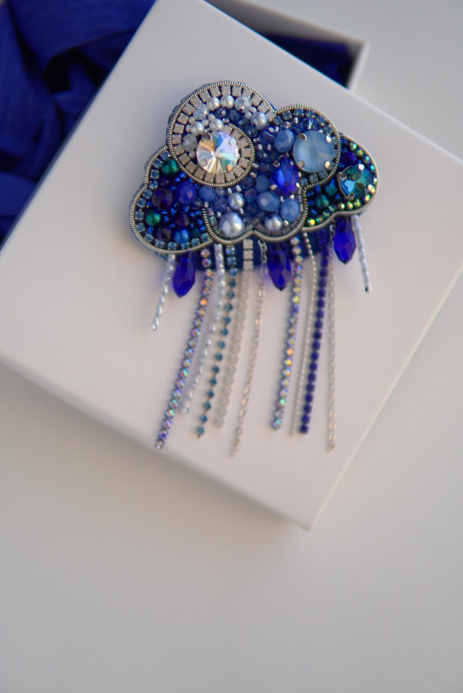 Beaded Cloud Brooch With Crystal Raindrops, Blue Embroidered Statement ...