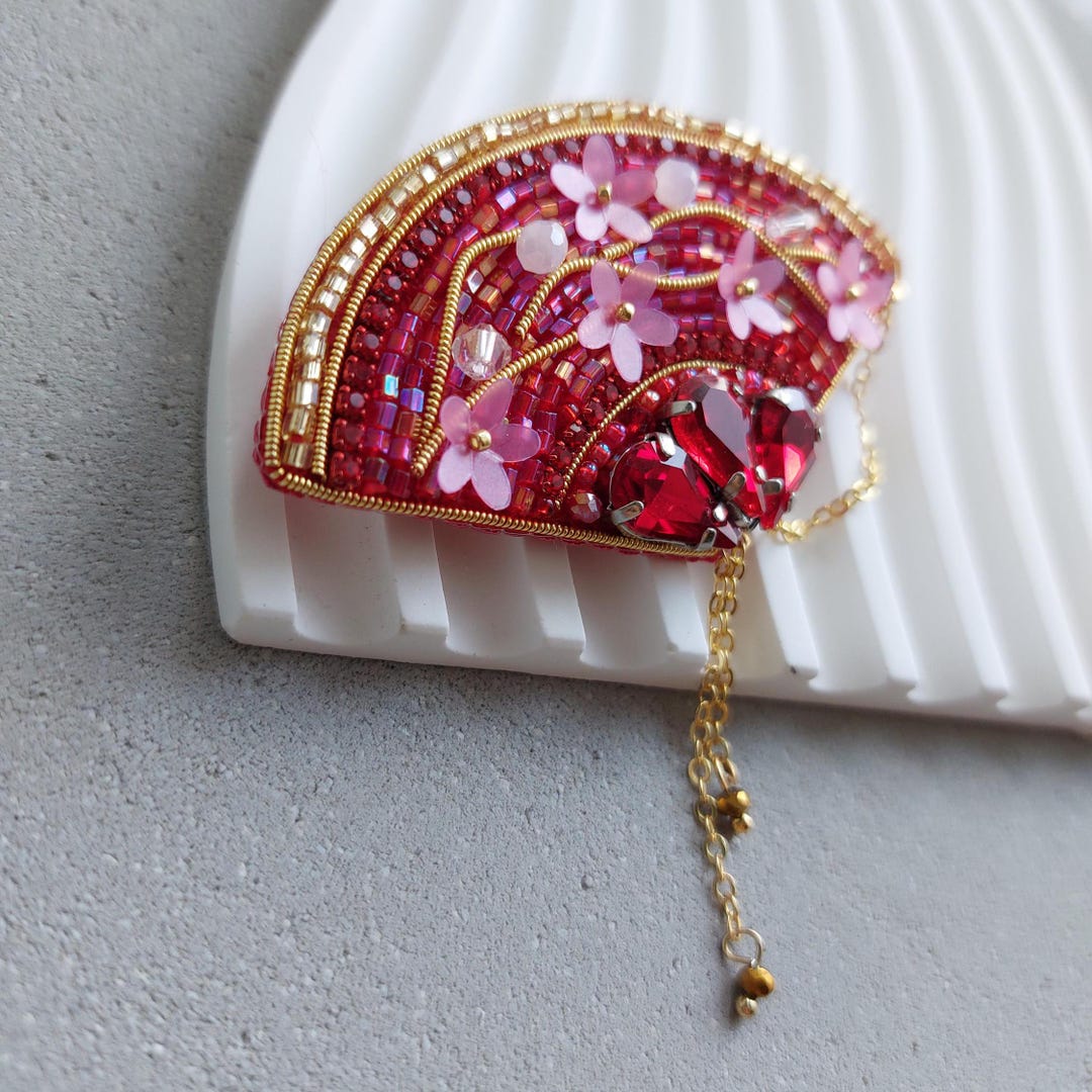 Embroidery Lapel Pin Japan Hand Fan Sensu, Handmade Beadwork Brooch ...