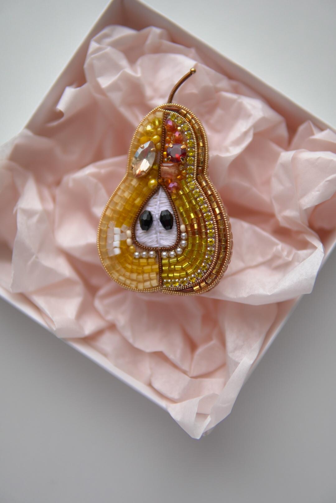 Beaded Pear Brooch, Embroidered Fruit Jewelry, Handmade Brooch, Unique ...