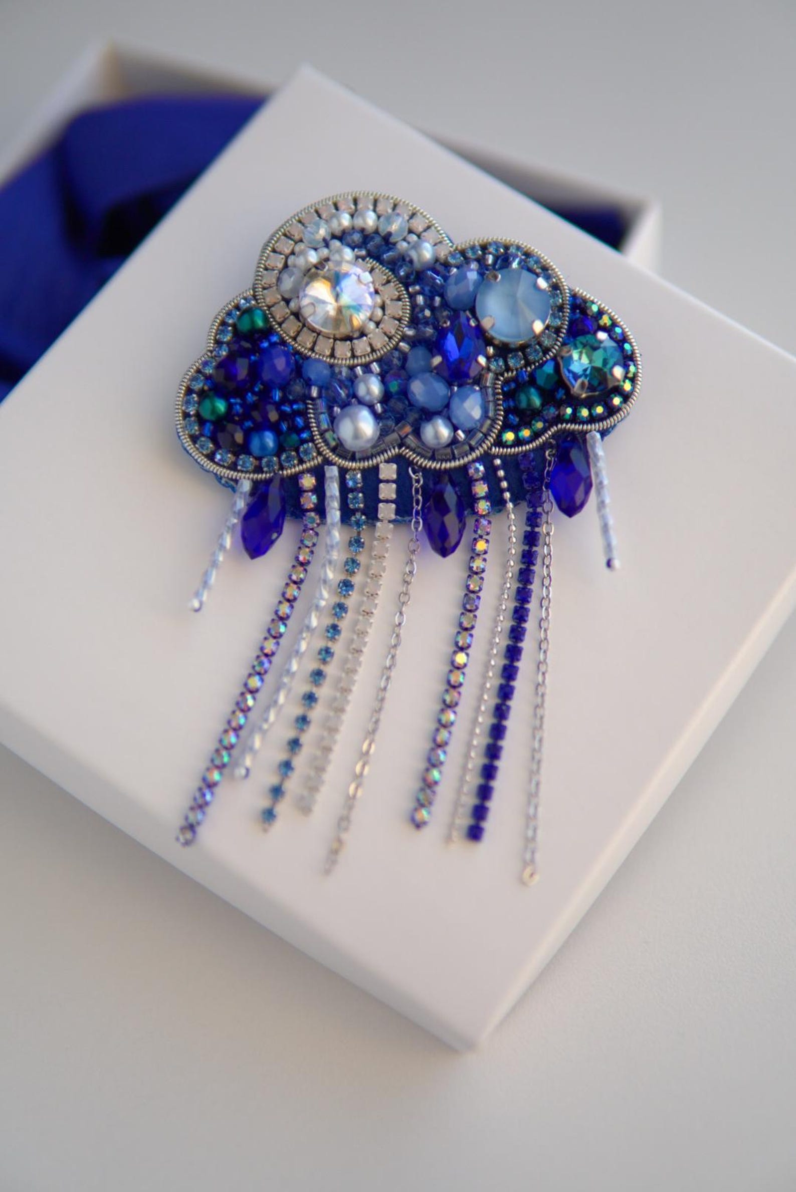 Beaded Cloud Brooch With Crystal Raindrops, Blue Embroidered Statement ...