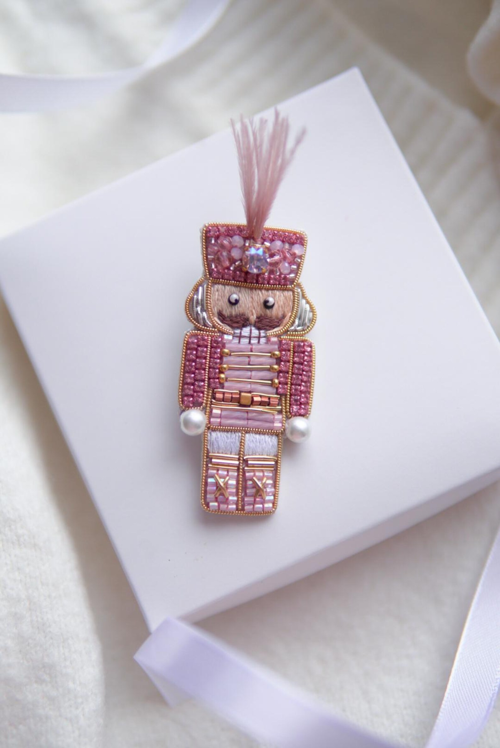 Nutcracker Beaded Brooch, Pink Soldier Lapel Pin, Handmade Christmas ...