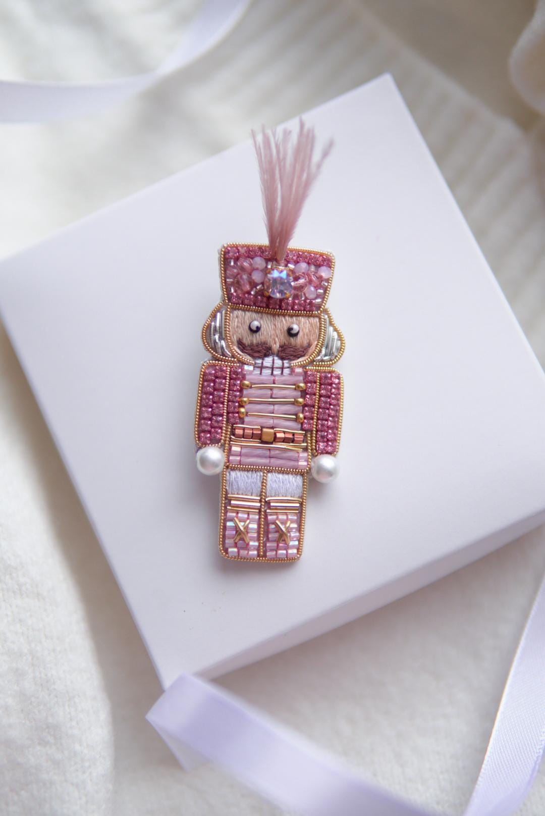 Nutcracker Beaded Brooch, Pink Soldier Lapel Pin, Handmade Christmas ...