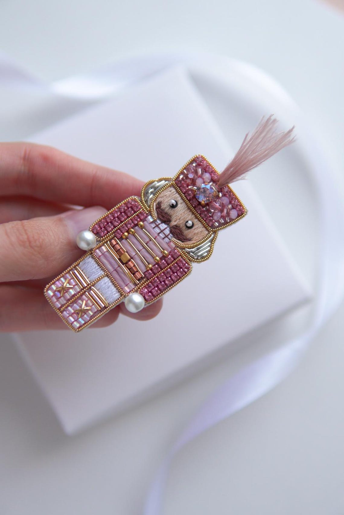 Nutcracker Beaded Brooch, Pink Soldier Lapel Pin, Handmade Christmas ...