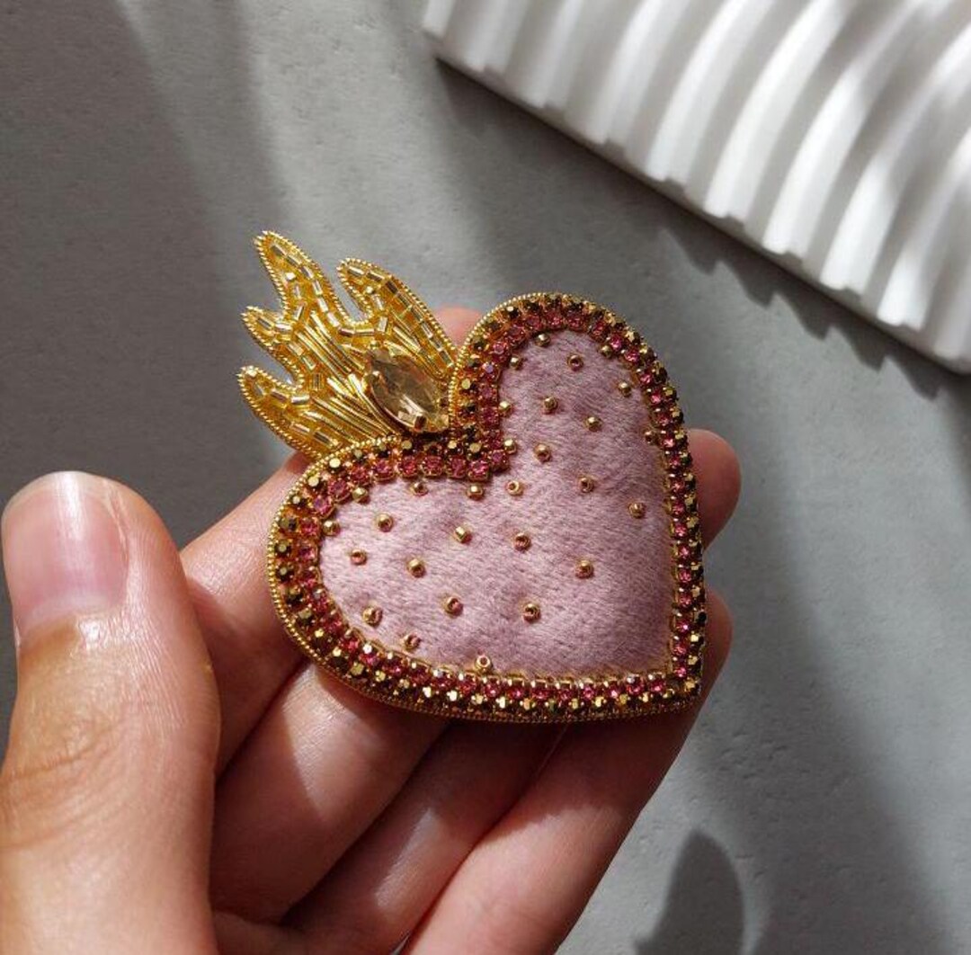 Sacred Heart Milagros Embroidery Brooch Shawl Pin Heart Pin Heart ...