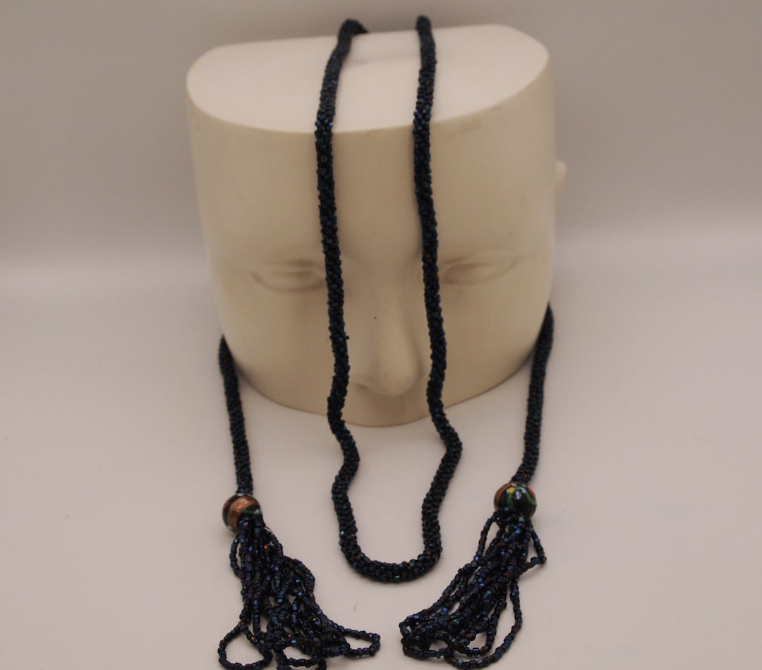 Iridescent Dark Blue-violet Crystal Glass Flapper Necklace W/ Hand ...