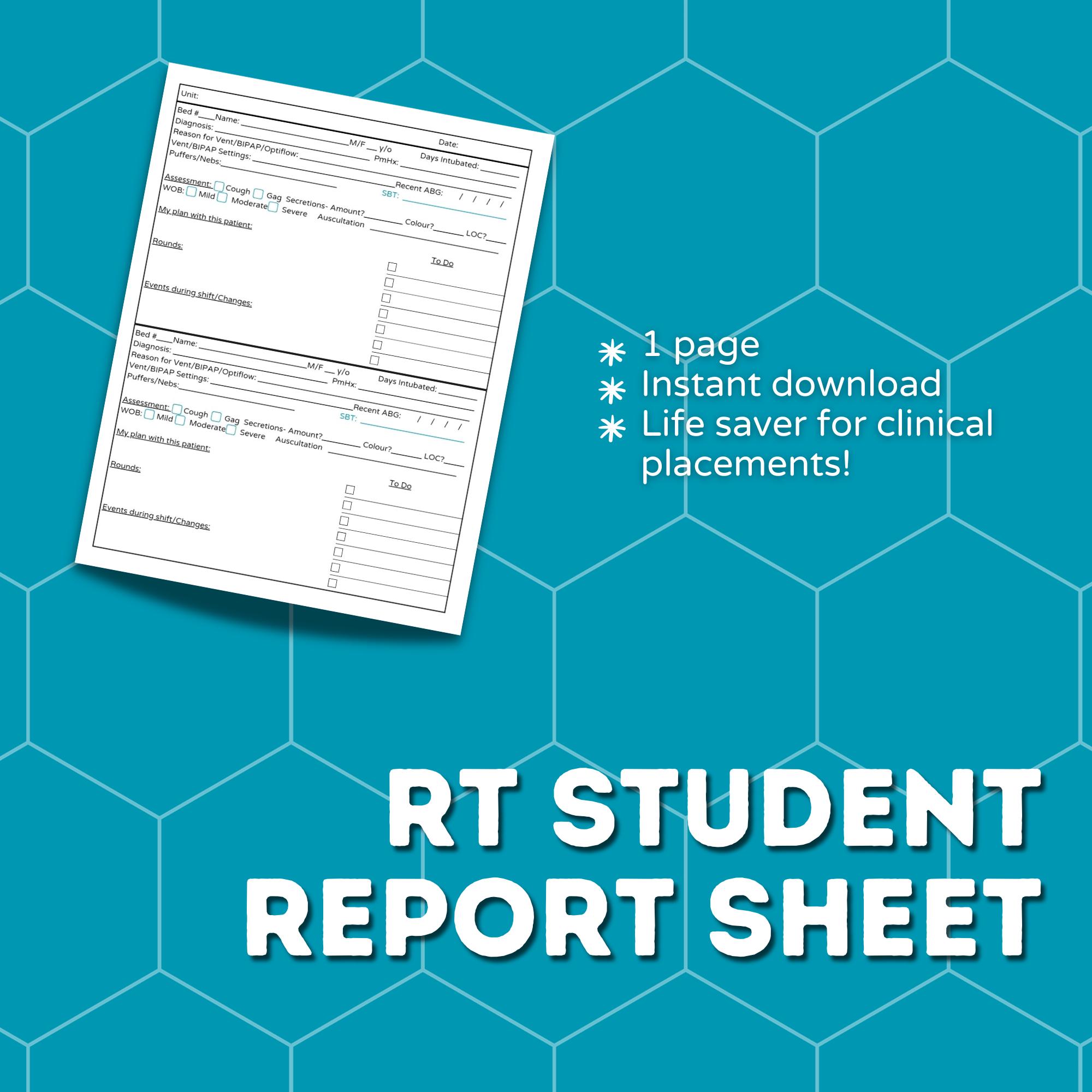 RT Student Report Sheet, Respiratory Therapy Report Sheet, ICU Report ...
