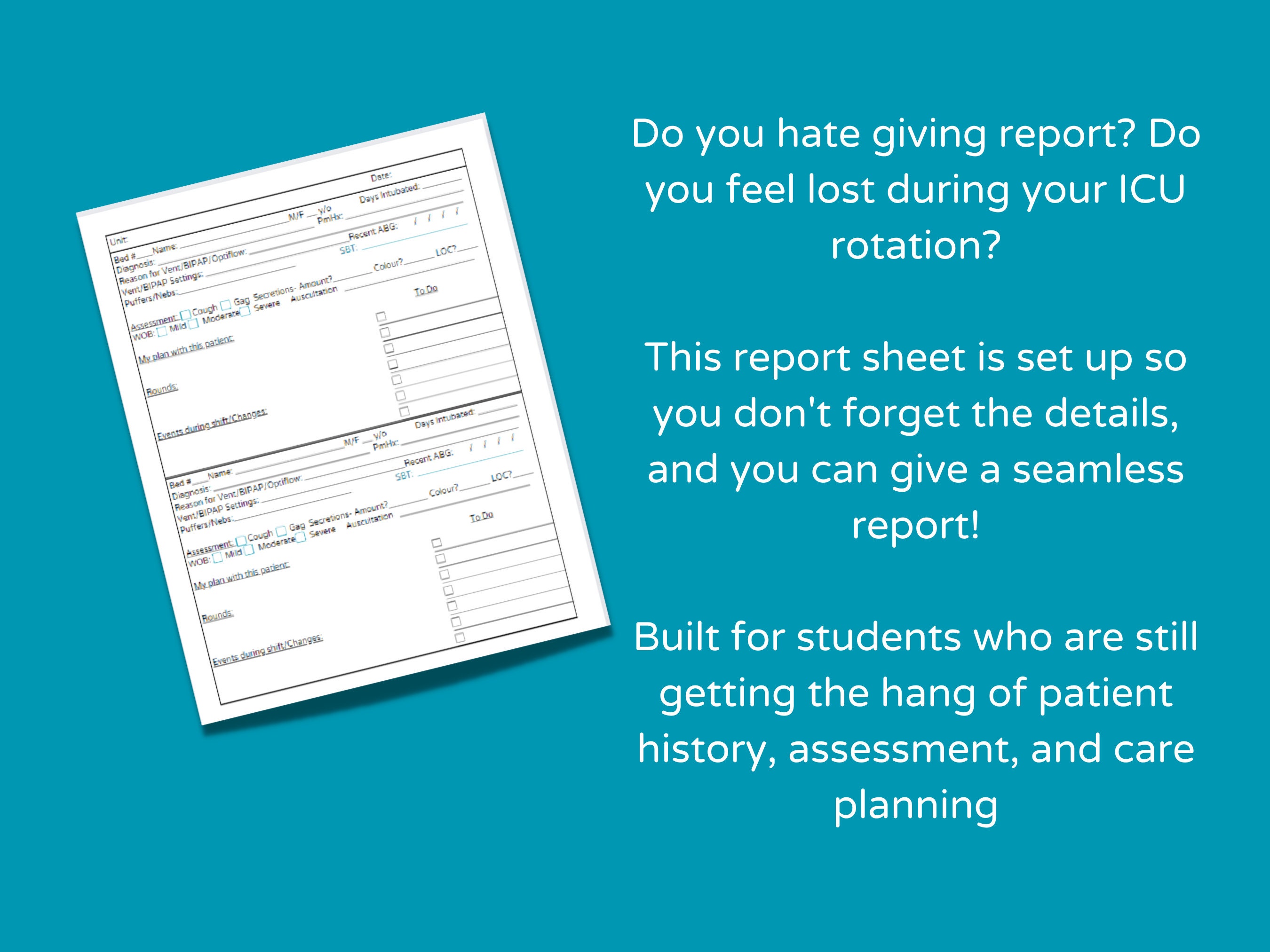 RT Student Report Sheet, Respiratory Therapy Report Sheet, ICU Report ...