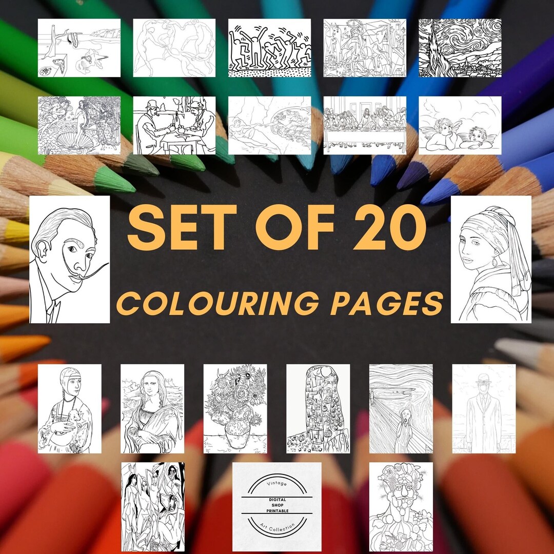 Colouring Pages Set of 20 Bundle Famous Paintings Instant Download in ...