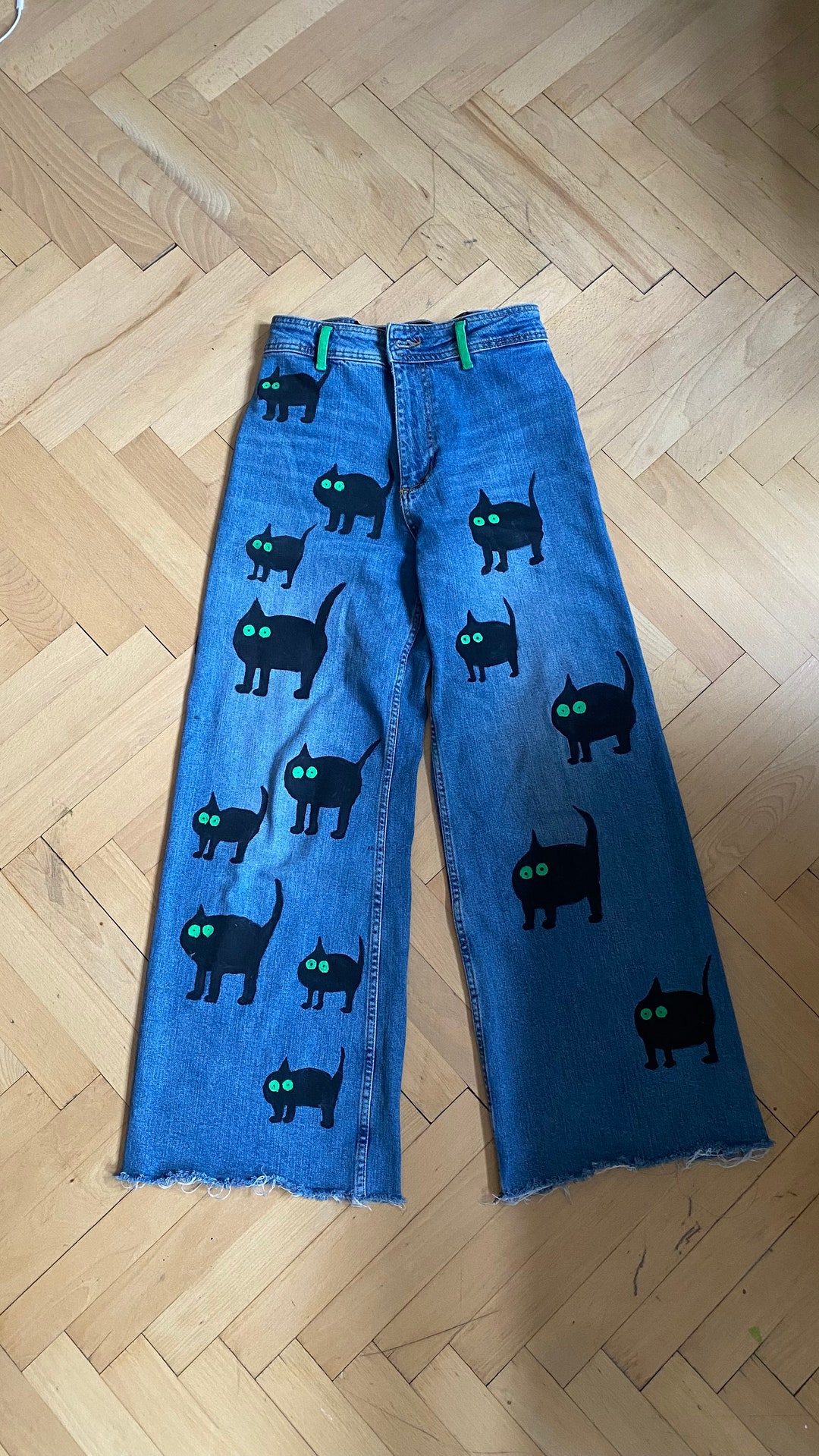 Upcycled Flare Jeans With Cat Pattern - Etsy