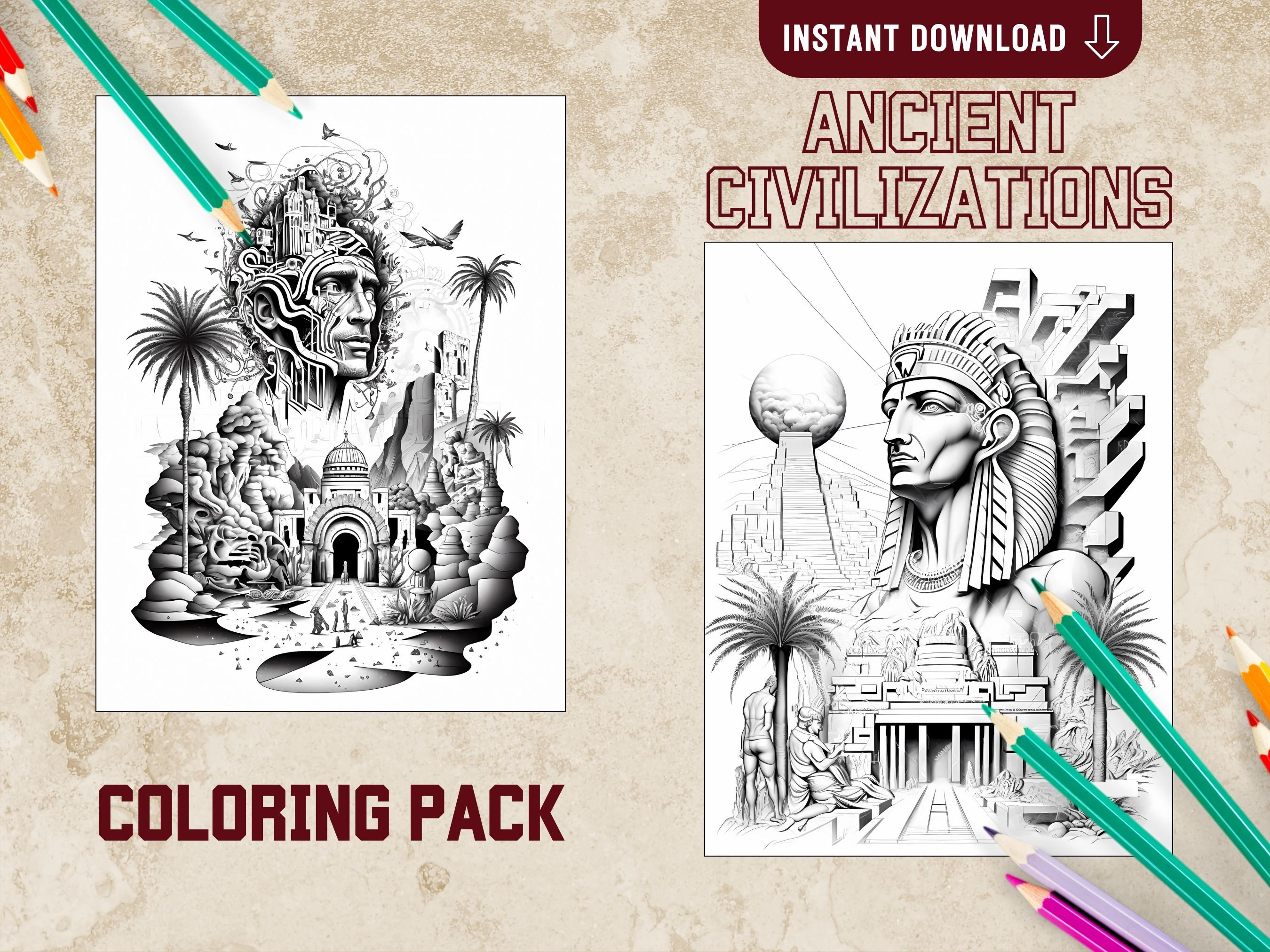 Ancient Civilizations Coloring Pages, Adult Coloring Book PDF ...