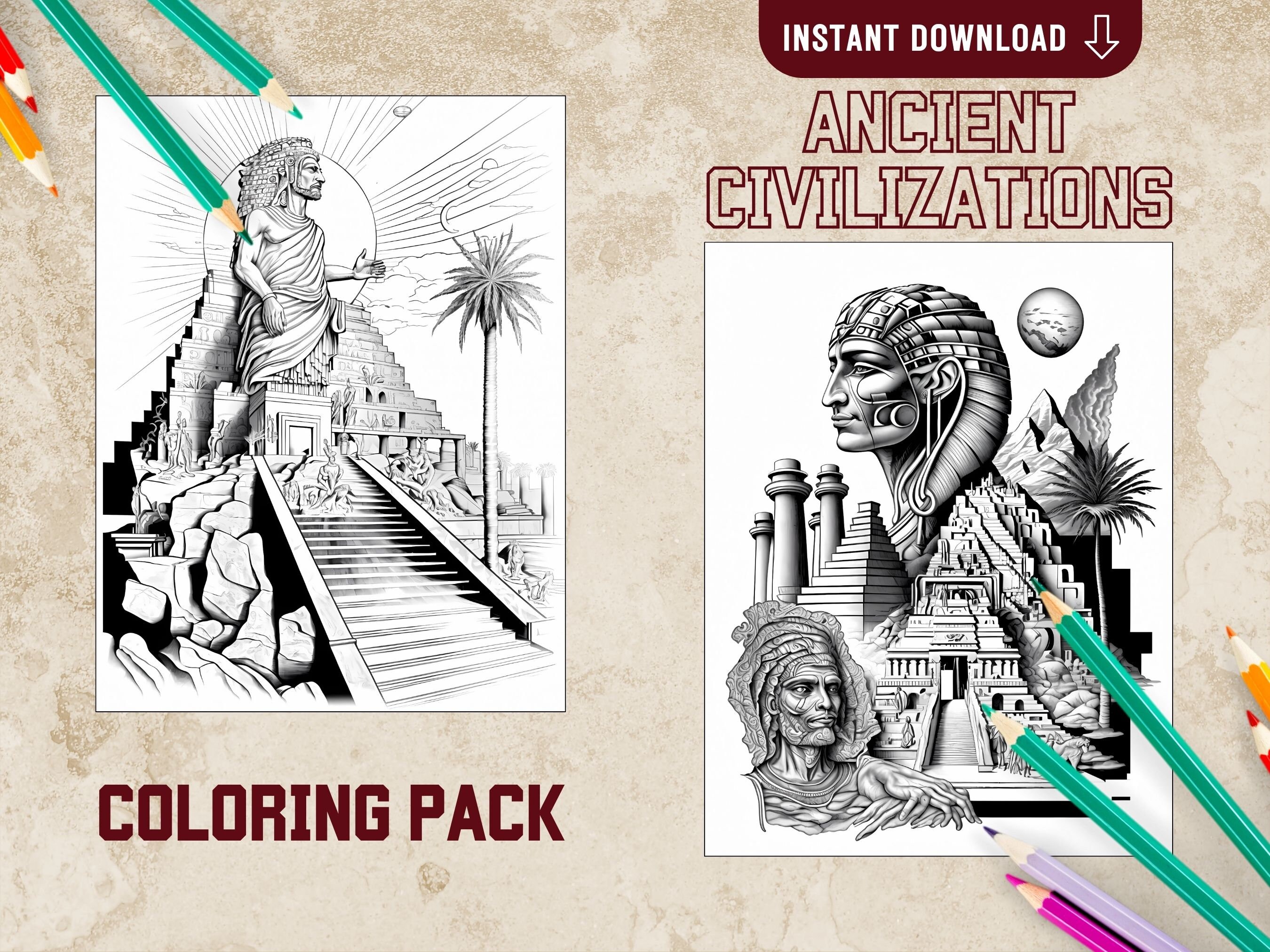 Ancient Civilizations Coloring Pages, Adult Coloring Book PDF ...
