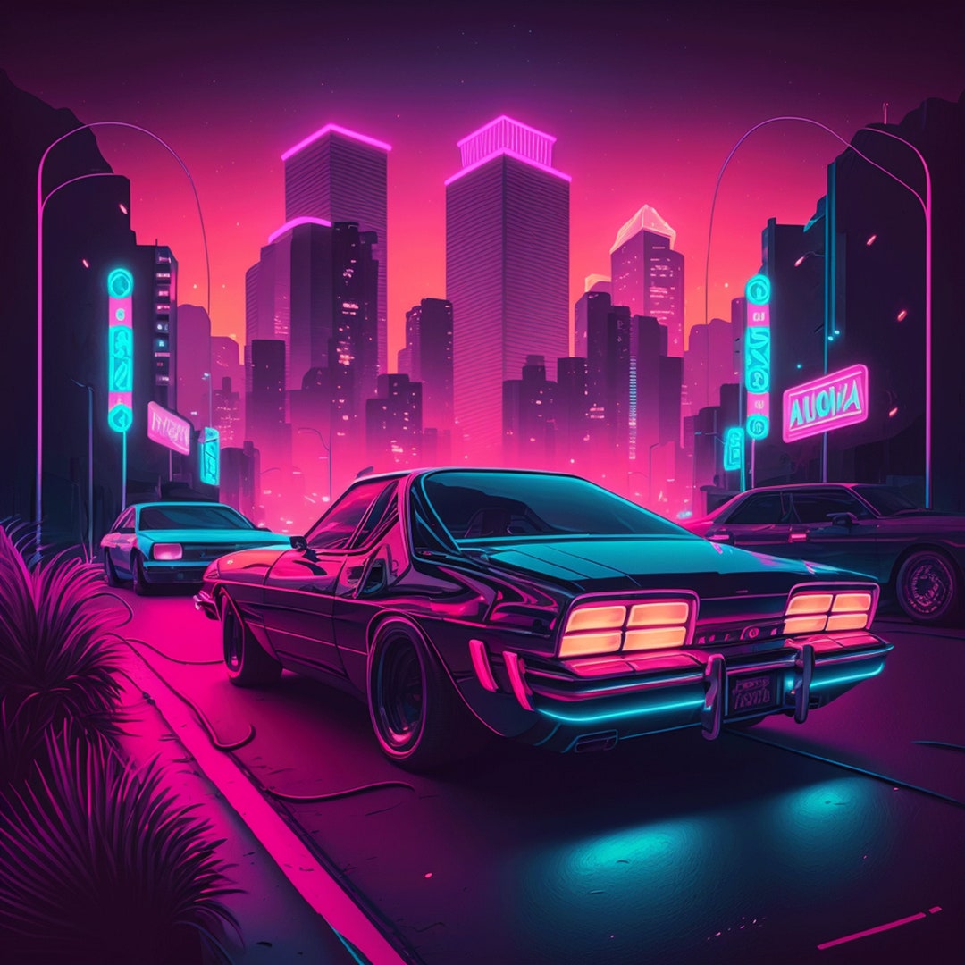 Retrowave Neon Car and Neon City Digital Art Print - Etsy