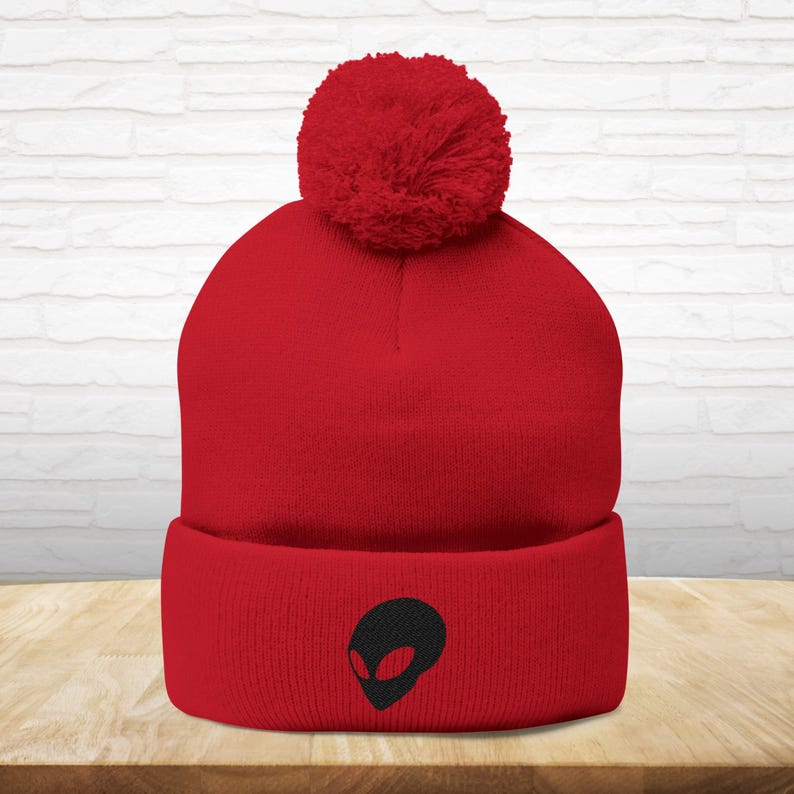 Alien Pom Pom Beanie - Embroidered UFO Winter Hat, Neon Knit Cap for ...