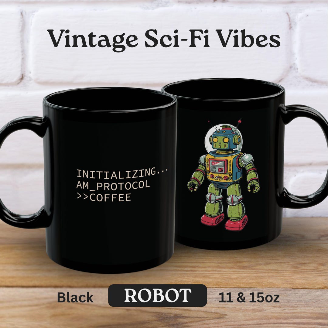 Retro Robot Coffee Mug - Sci-fi Gift, Black Ceramic Space Cup for Nerds ...