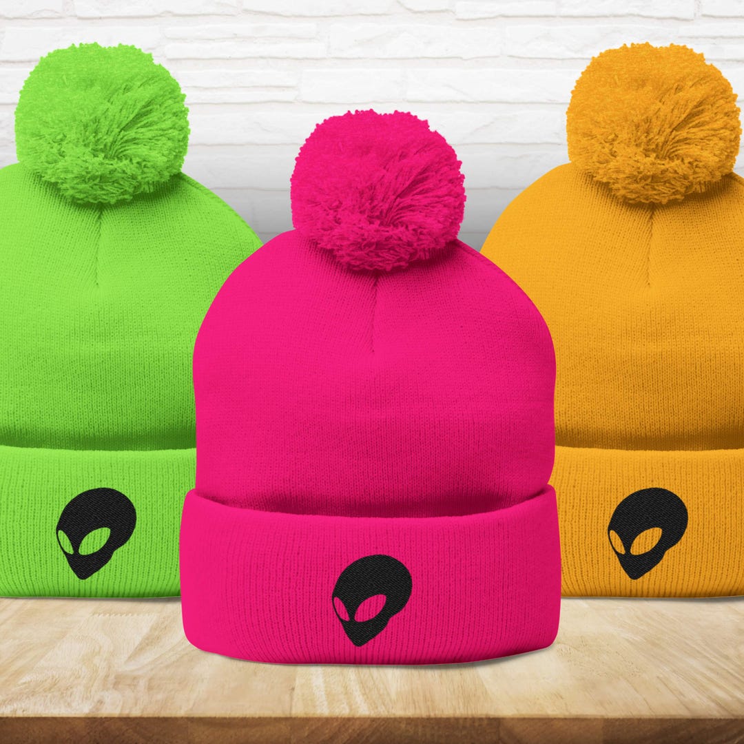 Alien Pom Pom Beanie - Embroidered UFO Winter Hat, Neon Knit Cap for ...