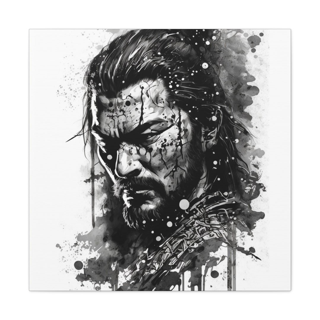 Samurai Serenity Ink-splashed Portrait Canvas - Etsy