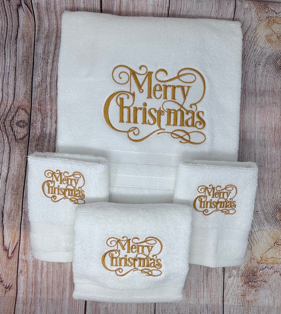 Luxury Embroidered Towel Set 4 Merry Christmas Bathroom Decor, Elegant ...