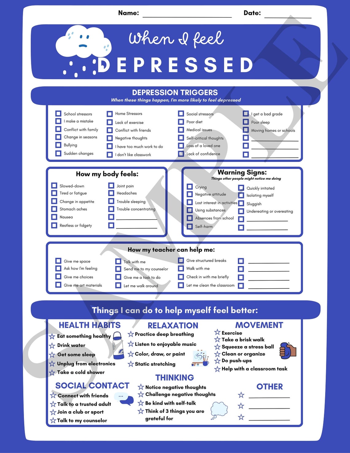 Depression Plan Mental Health Printable Template - Depression Coping ...