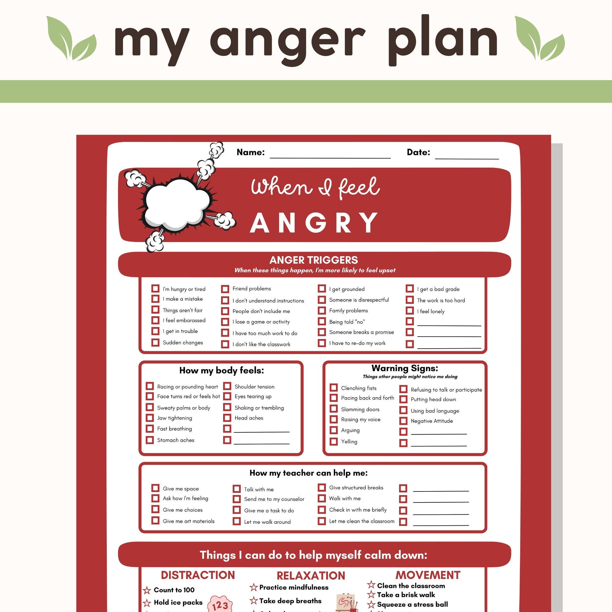 Anger Management Plan Mental Health Printable Template - Anger Issues ... Anger Management Plan Mental Health Printable Template - Anger Issues ...