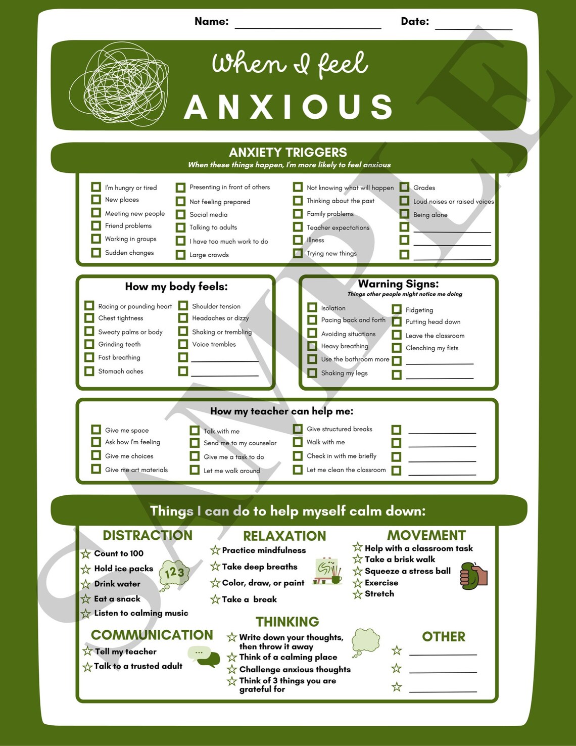 Anxiety Plan Mental Health Printable Template - Anxiety Coping for ...