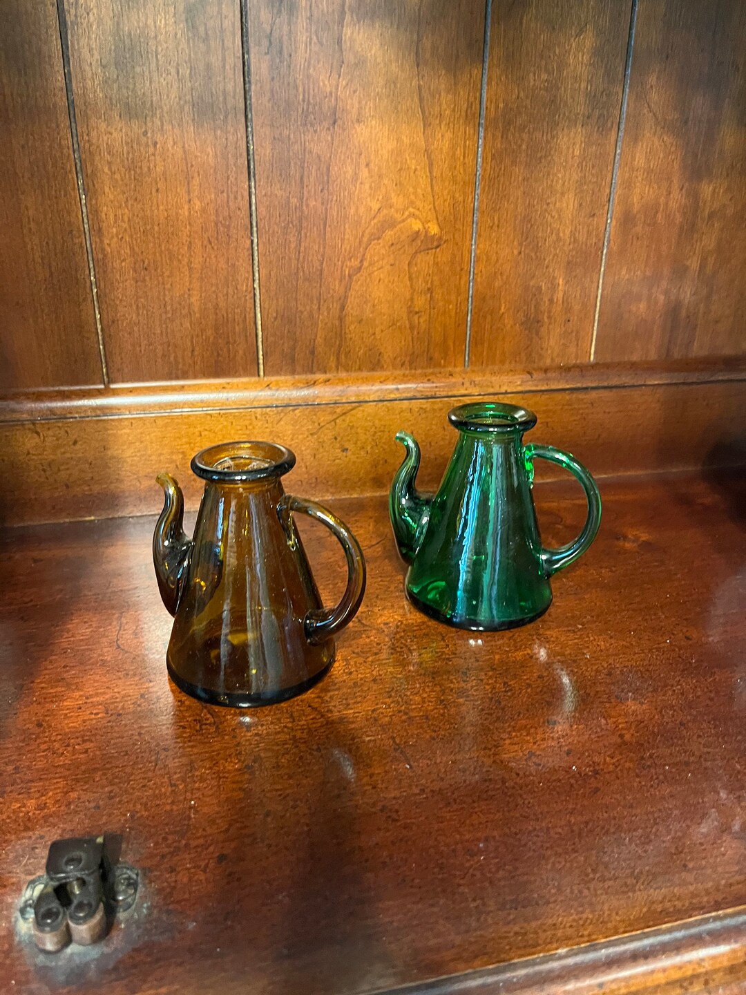 Vintage Glass Miniature Tea Pots, Green and Brown - Etsy