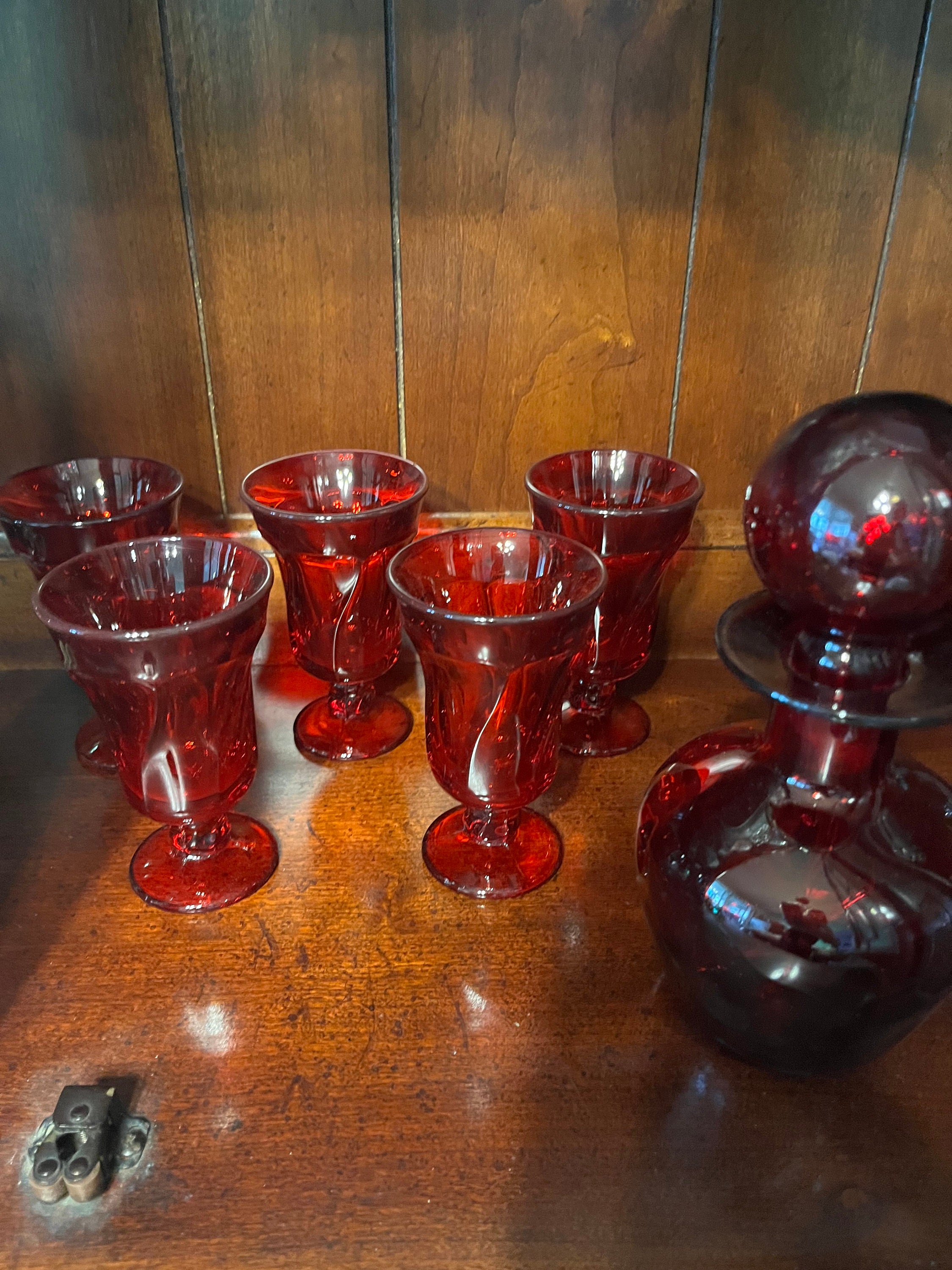 Vintage Red Decanter With Glasses - Etsy