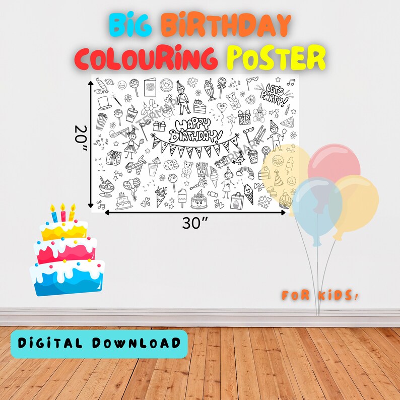 Birthday Party Coloring Poster for Kids, Big, Coloring Sheet, Coloring ...