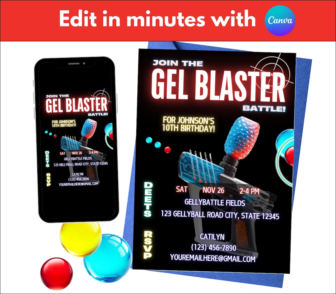 Gel Blaster Birthday Invitation Template | Gellyball Party Invite, Gel ...