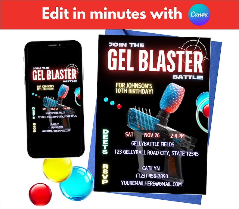 Gel Blaster Birthday Invitation Template | Gellyball Party Invite, Gel ...