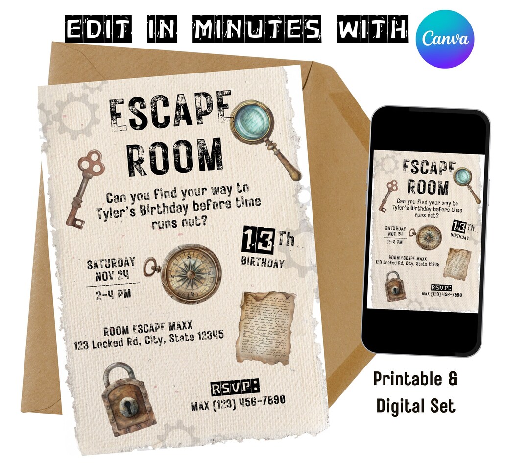 Editable Escape Room Birthday Party Invitation Template, Room Escape ...