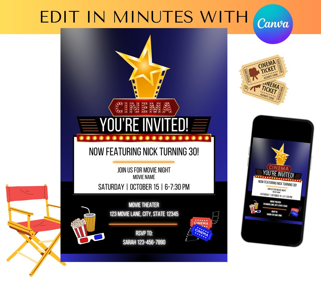 Movie Theater Birthday Invitation Template, Cinema Birthday Party ...