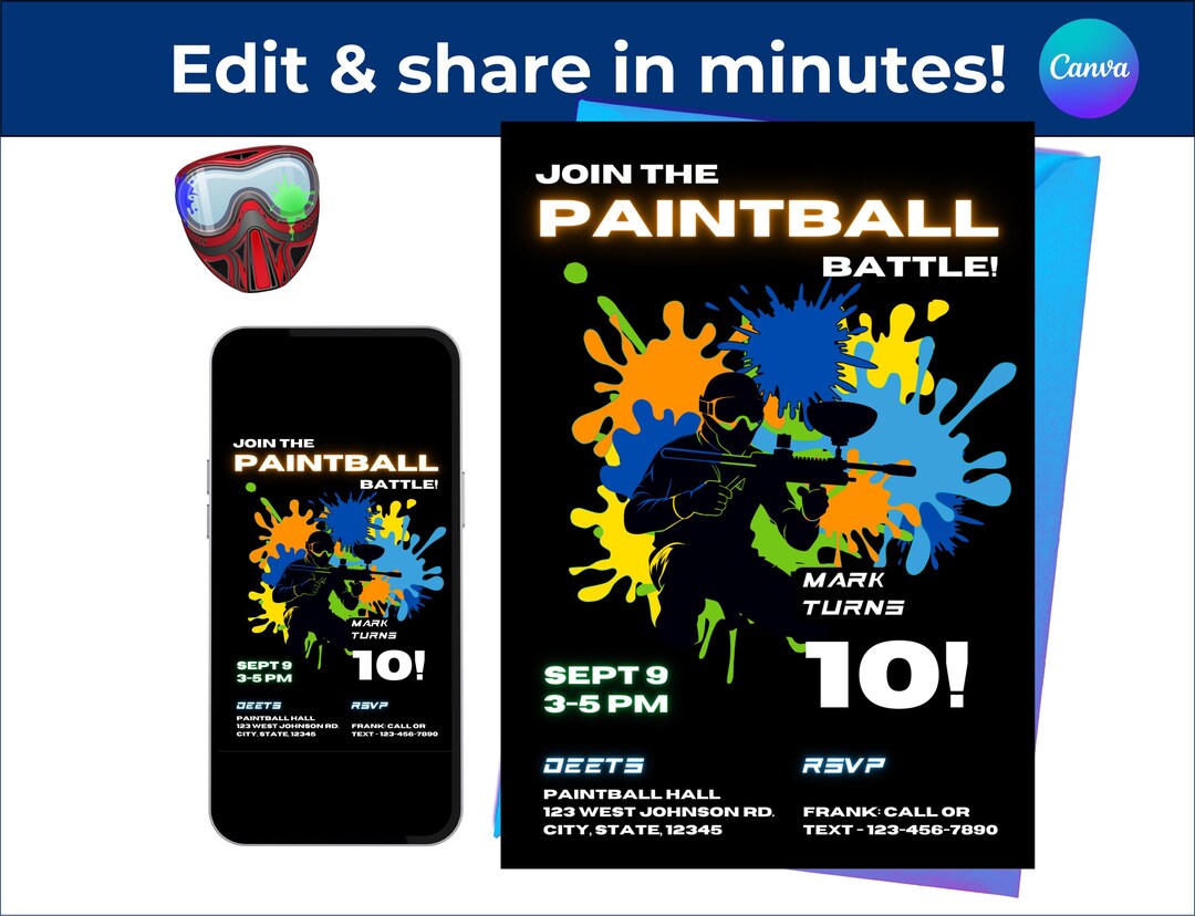 Paintball Birthday Party Invitation Template, Digital, Editable ...